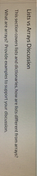 Solved Lists vs Arrays Discussion This section covers lists | Chegg.com