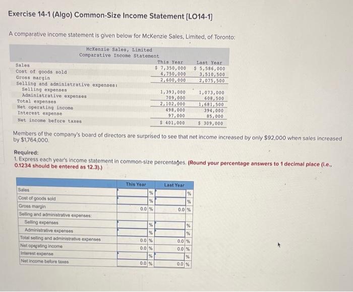 Solved Exercise 14-1 (Algo) Common-Size Income Statement | Chegg.com
