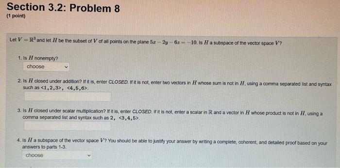 Solved Let V=R3 and let H be the subset of V of all points | Chegg.com