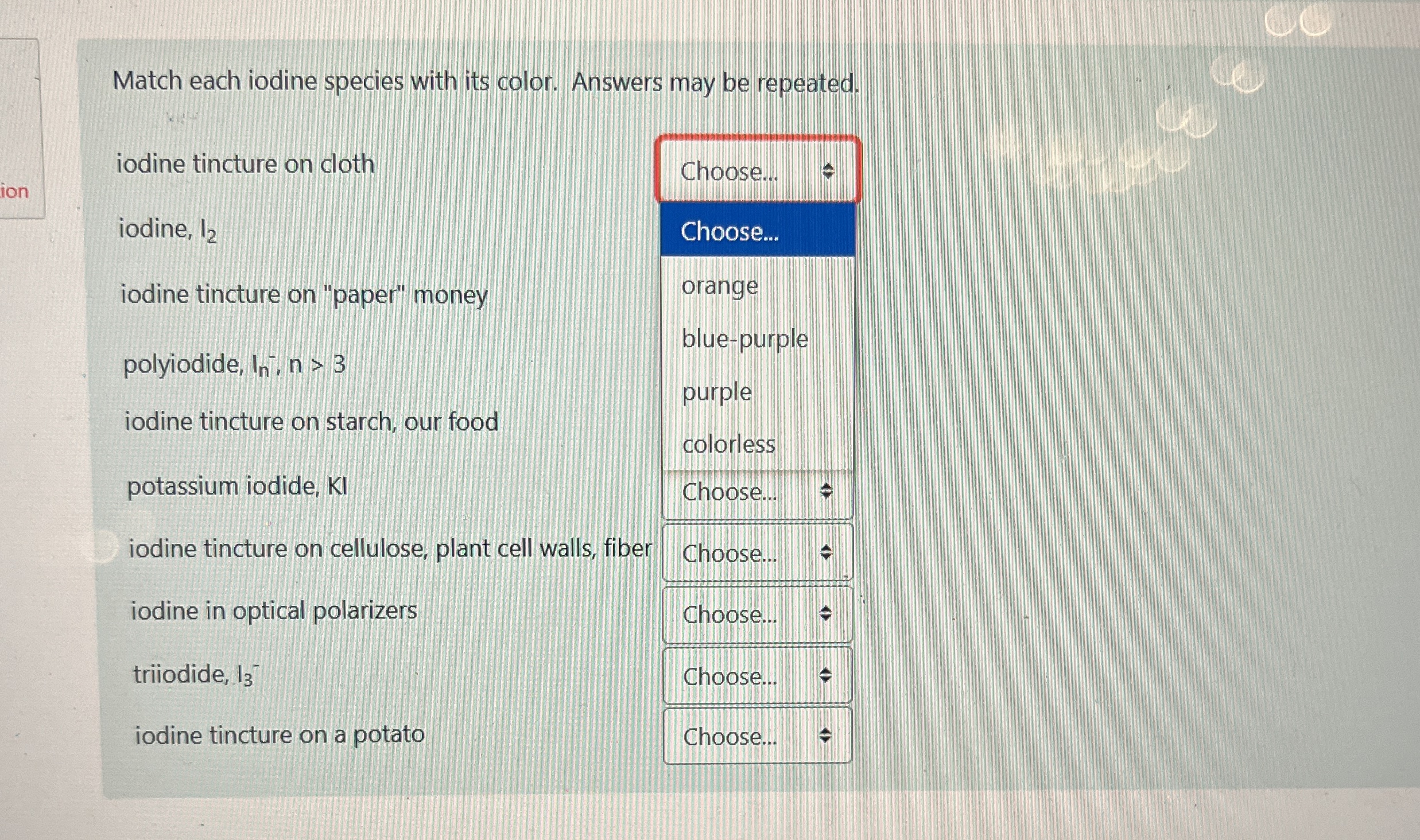 High Quality SOLUTION Match each iodine species with its color. Answers ...