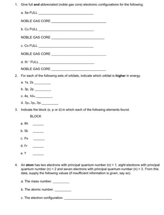 Solved 1. Give full and abbreviated (noble gas core) | Chegg.com