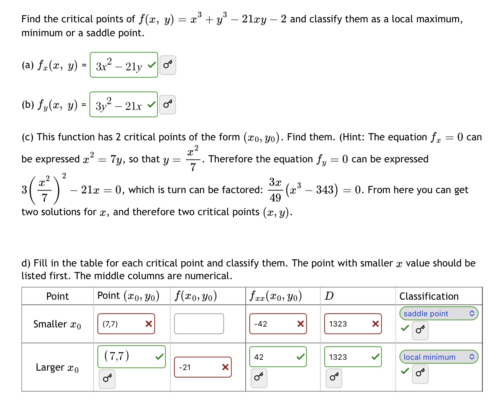 Solved Find the critical points of f(x,y)=x3+y3-21xy-2 ﻿and | Chegg.com