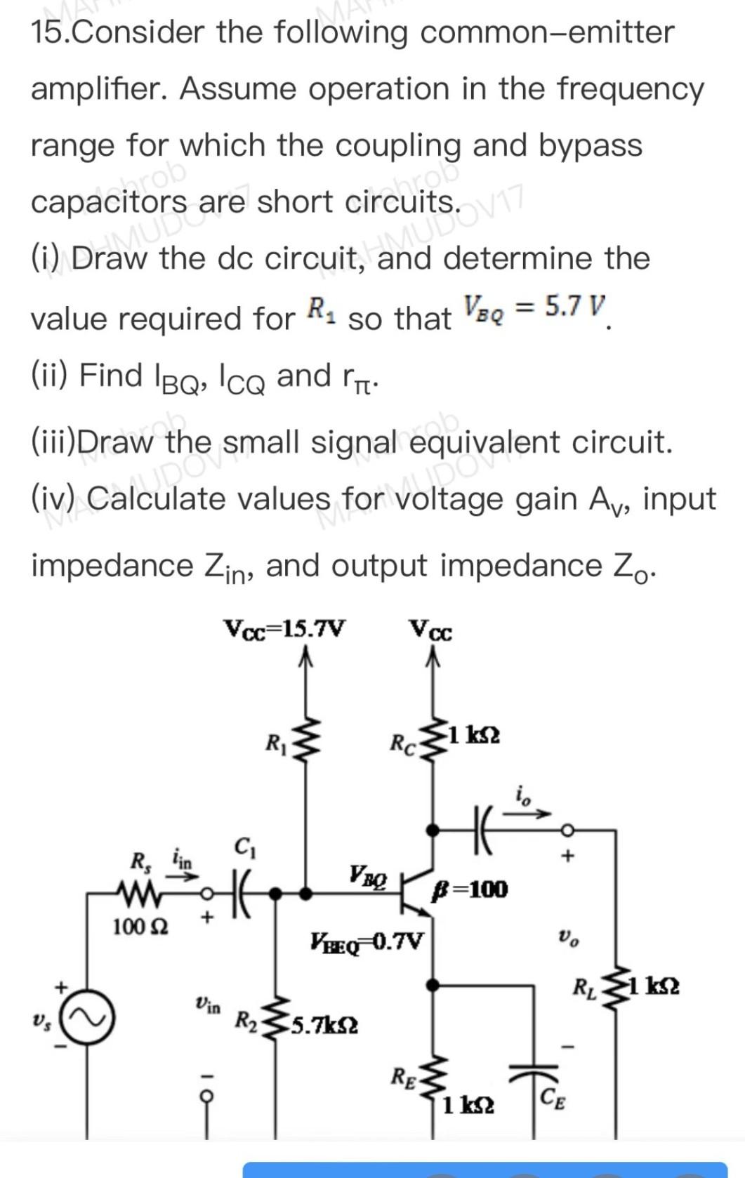 Solved 15.Consider the following common-emitter amplifier. | Chegg.com