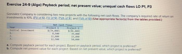Solved Exercise 24-9 (Algo) Payback period; net present | Chegg.com