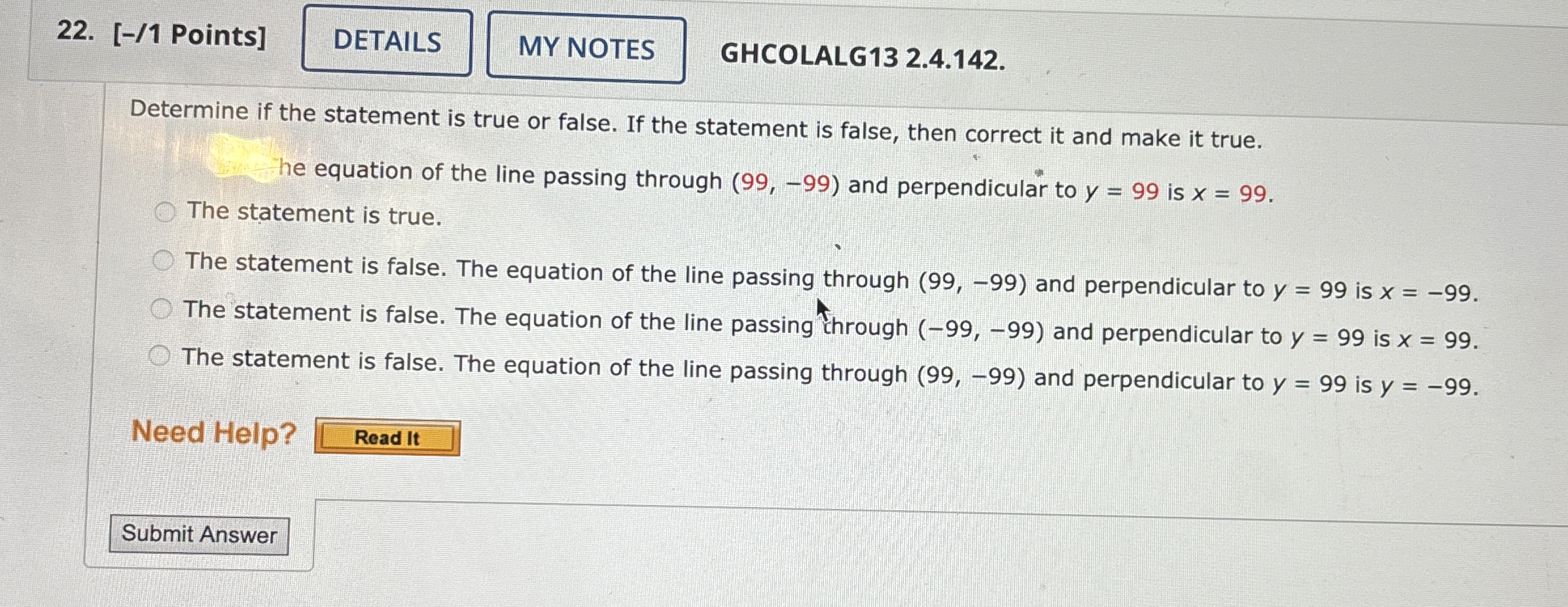 Solved [-/1 ﻿Points]GHCOLALG13 2.4.142.Determine if the | Chegg.com