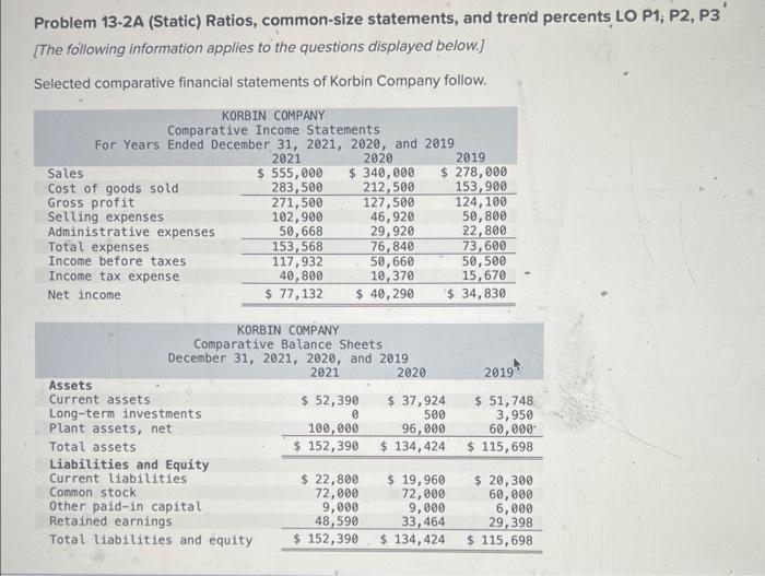 Solved Problem 13-2A (Static) Ratios, common-size | Chegg.com