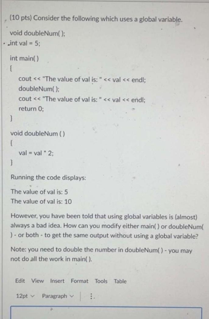 Solved (10 pts) Consider the following which uses a global | Chegg.com