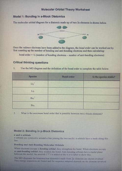 Solved Molecular Orbital Theory Worksheet Model 1: Bonding | Chegg.com