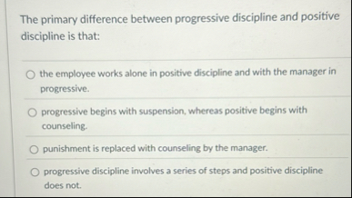 Solved The primary difference between progressive discipline | Chegg.com
