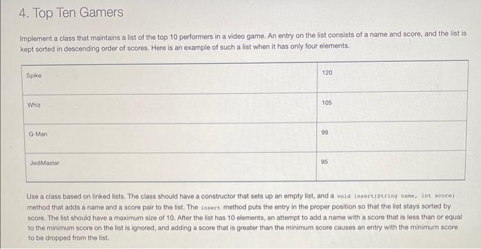 Implement a class that maintains a list of the top 10 | Chegg.com