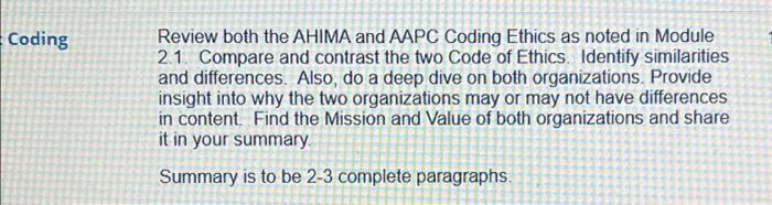 Coding Review both the AHIMA and AAPC Coding Ethics. | Chegg.com Coding Review both the AHIMA and AAPC Coding Ethics. | Chegg.com