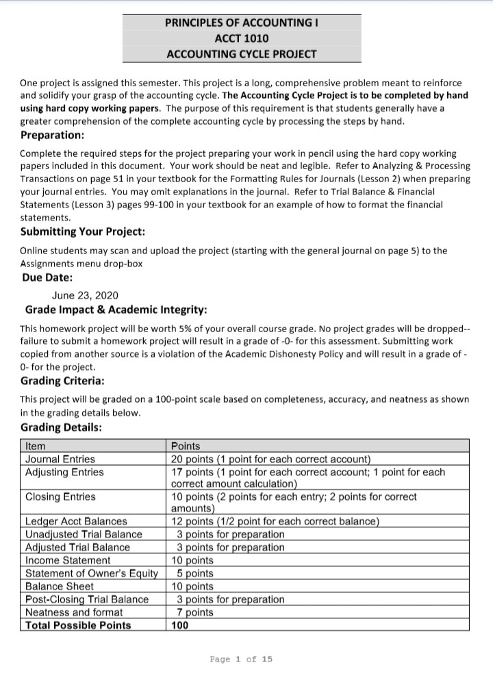 Solved PRINCIPLES OF ACCOUNTING I ACCT 1010 ACCOUNTING CYCLE | Chegg.com