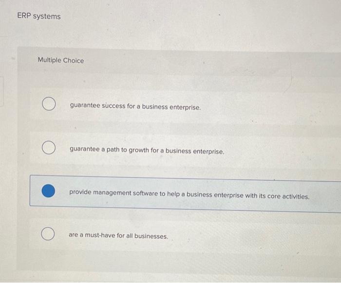 Solved ERP systems Multiple Choice guarantee success for a | Chegg.com