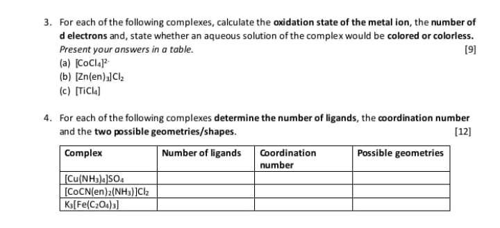 Solved 3. For each of the following complexes, calculate the | Chegg.com