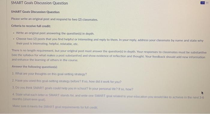 Solved SMART Goals Discussion Question 11 SMART Goals | Chegg.com