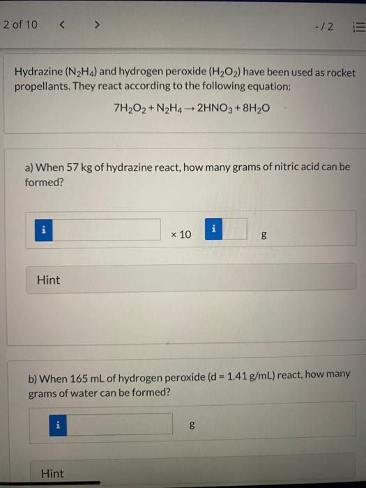 Solved Hydrazine (N2H4) and hydrogen peroxide (H2O2) have | Chegg.com