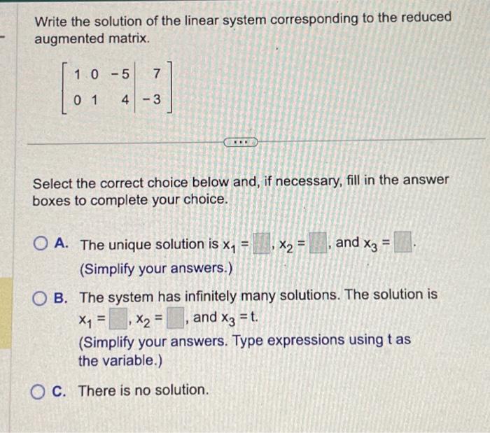 Solved Write the solution of the linear system corresponding | Chegg.com