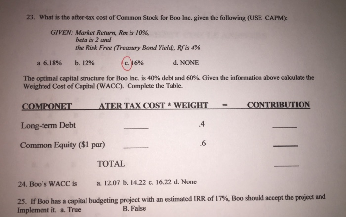 Solved 23. What is the after-tax cost of Common Stock for | Chegg.com