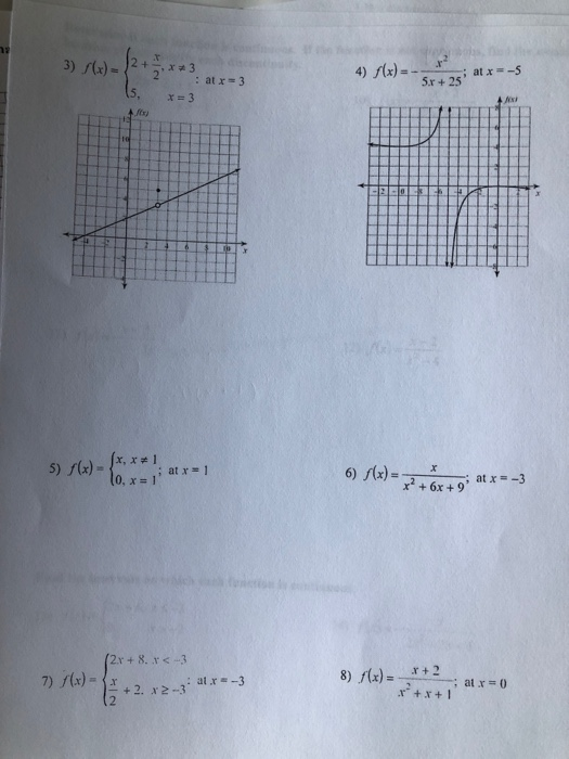 Solved 2) f(x) = { Honors Precalculus Name Continuity and | Chegg.com