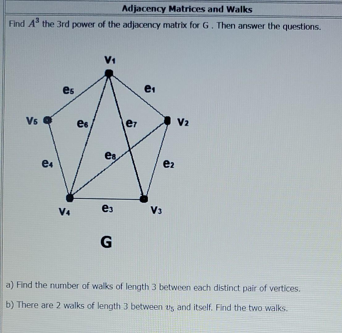 Solved Find A3 the 3rd power of the adjacency matrix for G. | Chegg.com