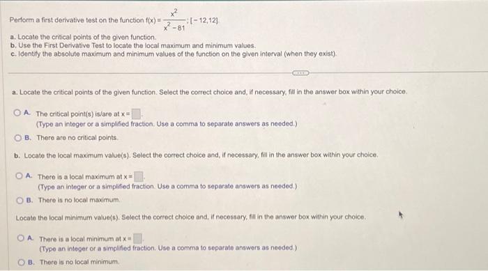 Solved Perform a first derivative test on the function | Chegg.com