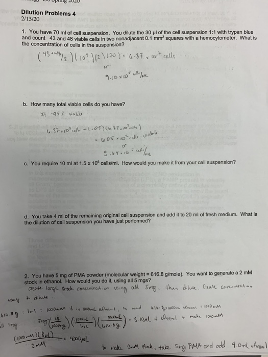 Upg 2020 Dilution Problems 4 2/13/20 1. You have 70 | Chegg.com
