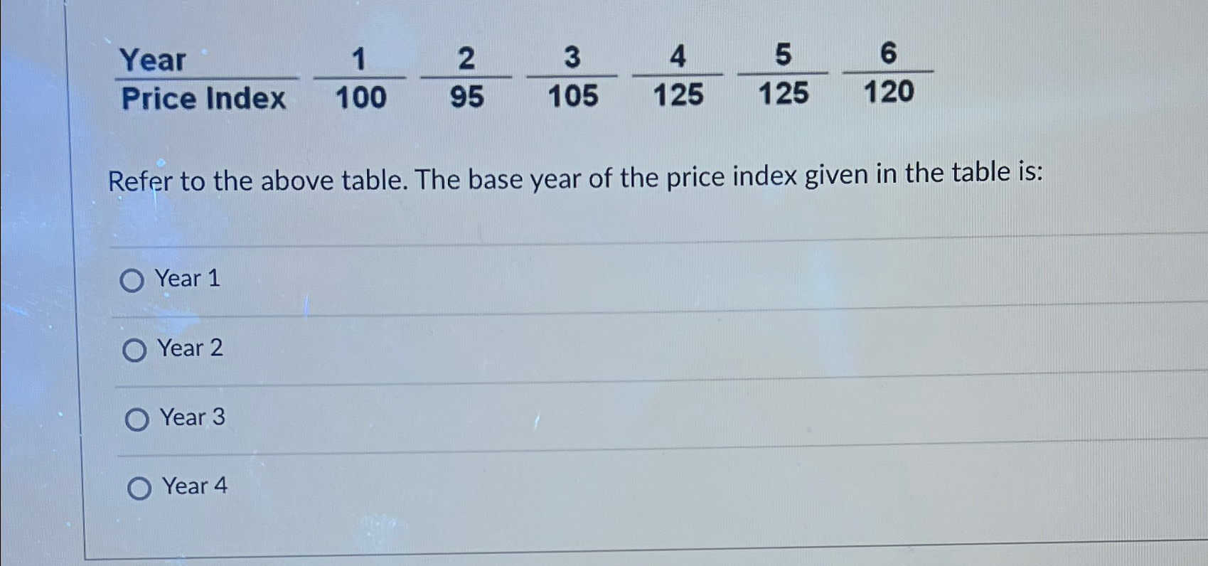 Solved Year Price Index 11002953105412551256120Refer to the | Chegg.com