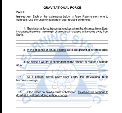 Solved GRAVITATIONAL FORCE Part 1: Instruction: Each of the | Chegg.com