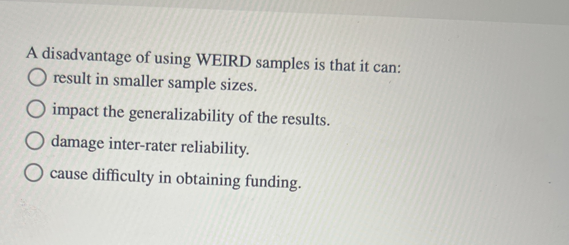 Solved A disadvantage of using WEIRD samples is that it | Chegg.com