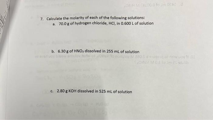 Solved 7. Calculate the molarity of each of the following | Chegg.com