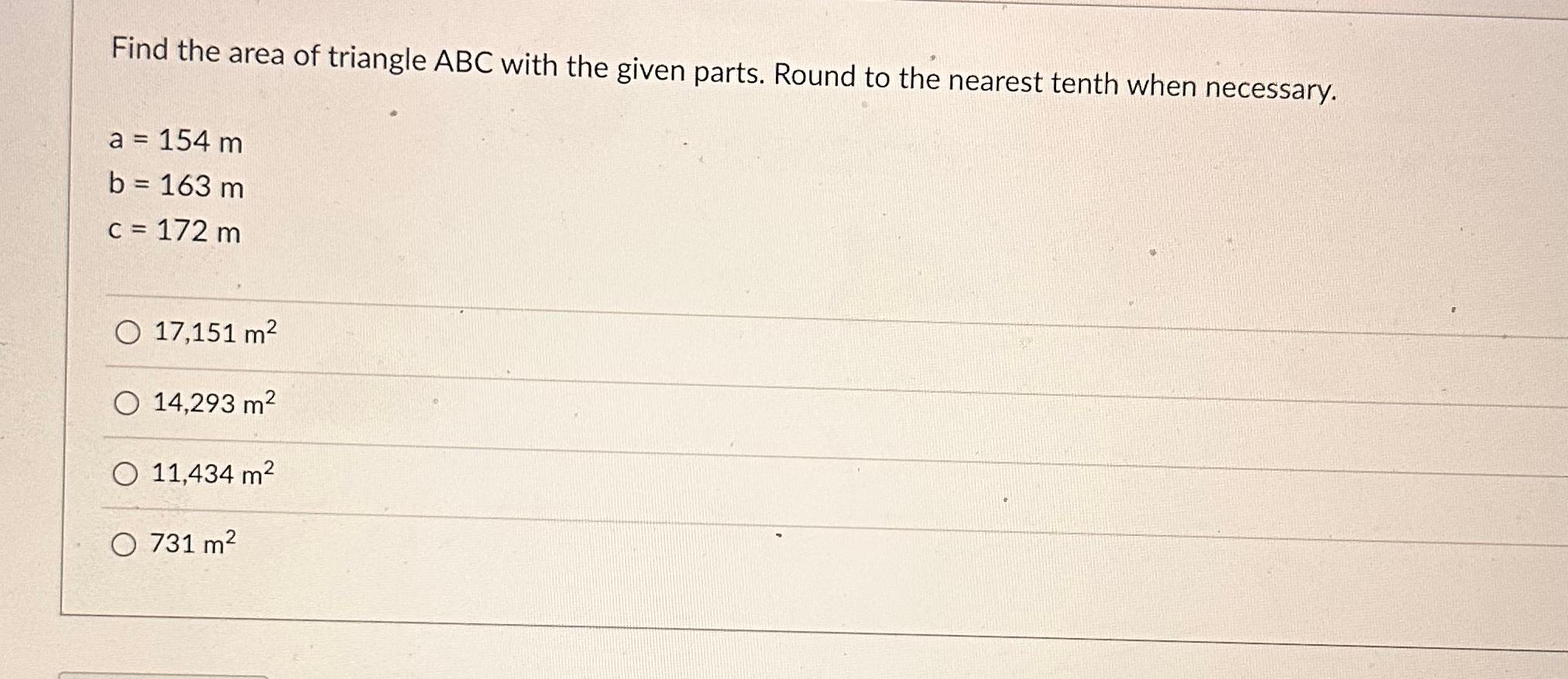 Solved Find the area of triangle ABC with the given parts. | Chegg.com