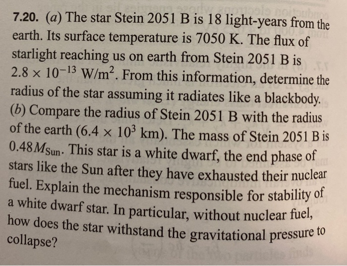 Solved 7.20. (a) The star Stein 2051 B is 18 light-years | Chegg.com