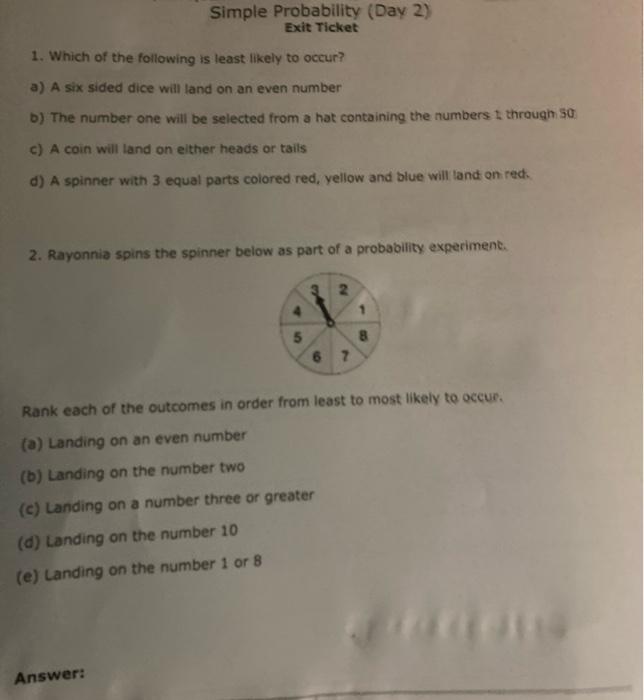 Solved Simple Probability (Day 2) Exit Ticket 1. Which of | Chegg.com
