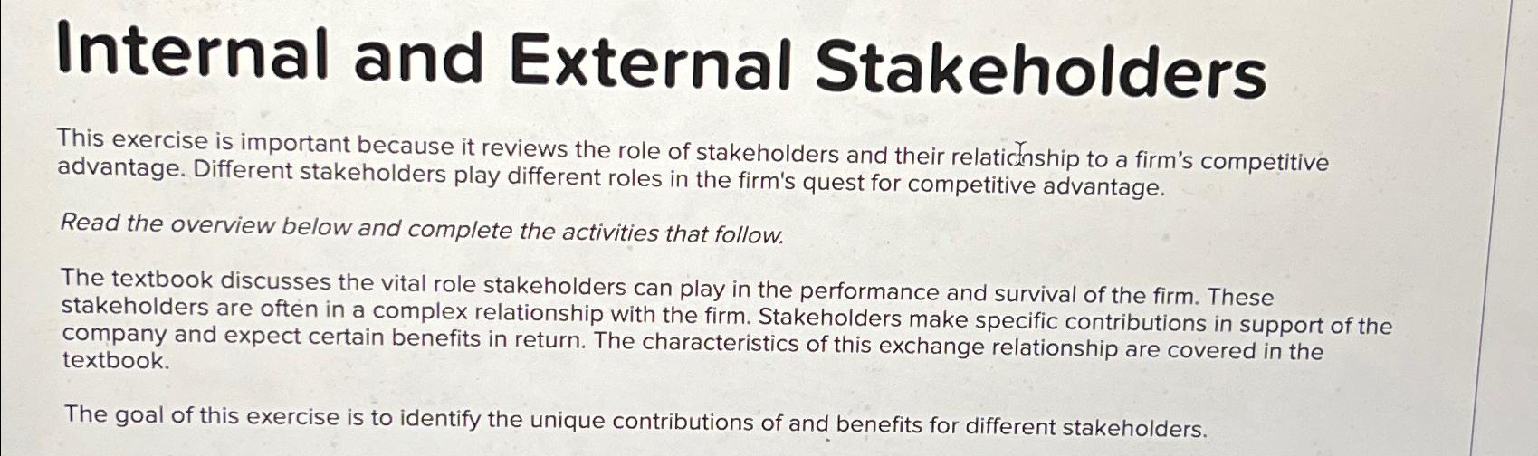 Solved Internal and External Stakeholders | Chegg.com