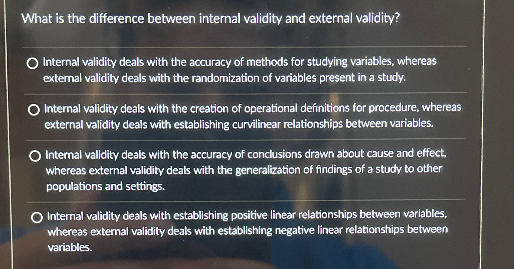 Solved What is the difference between internal validity and | Chegg.com