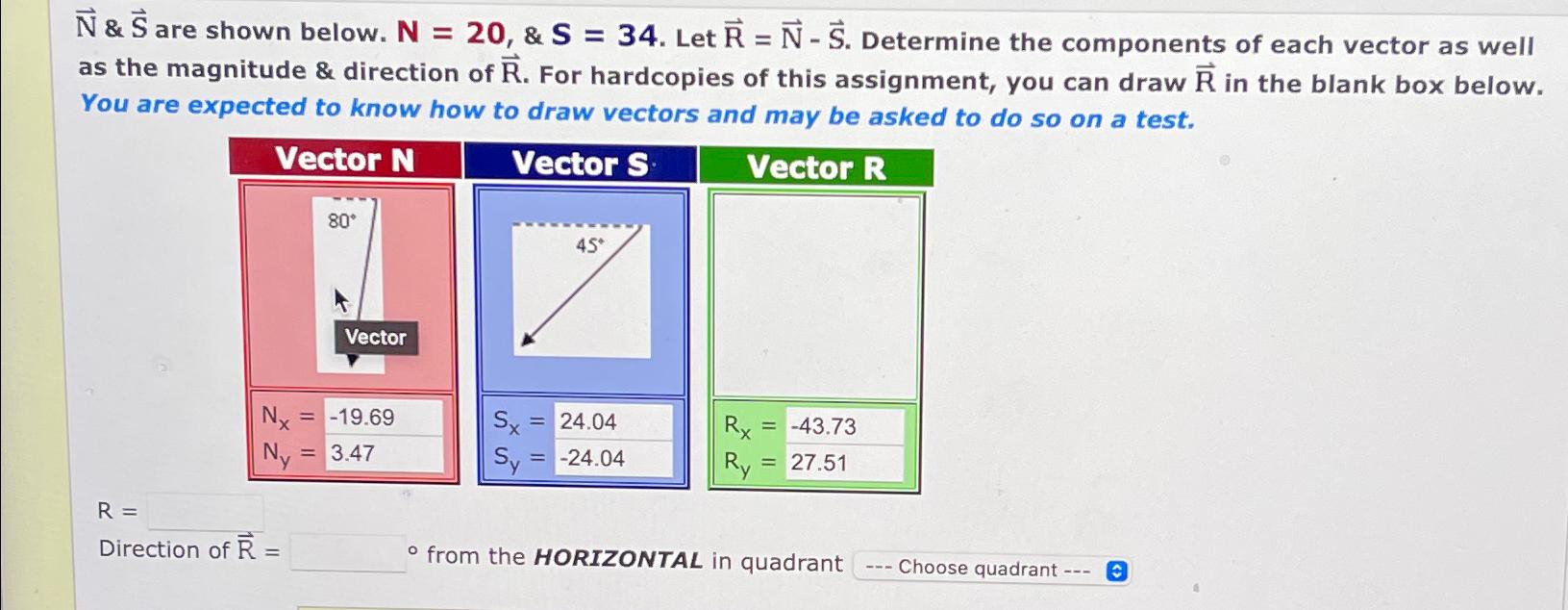 Solved vec(N)&vec(S) ﻿are shown below. N=20, ﻿& S=34. ﻿Let | Chegg.com