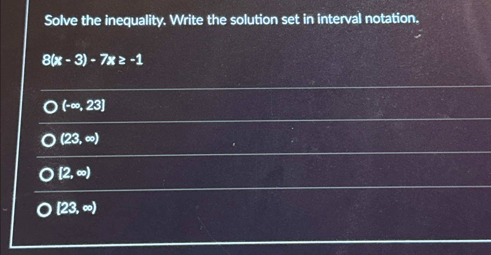 Solved Solve the inequality. Write the solution set in | Chegg.com