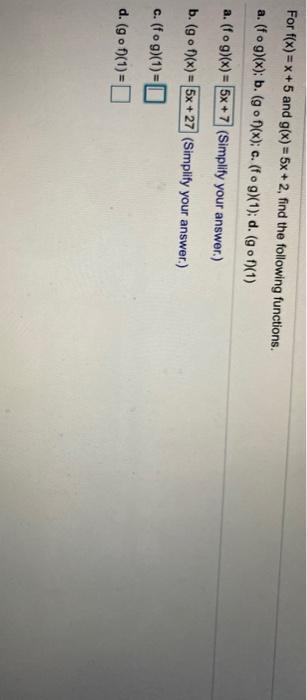 Solved For f(x)= x +5 and g(x) = 5x + 2, find the following | Chegg.com