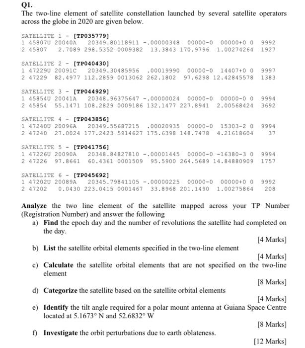 Q1. The two-line element of satellite constellation | Chegg.com