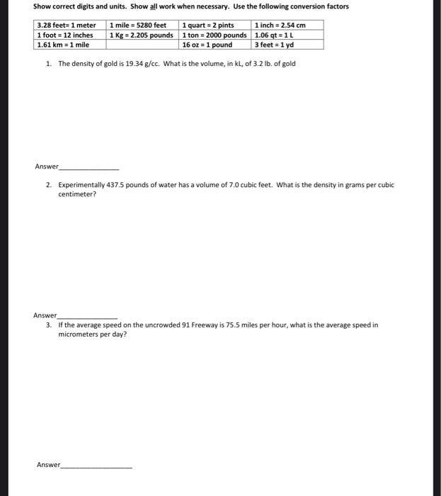 Solved Show correct digits and units. Show all work when | Chegg.com