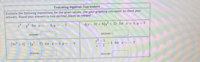 Solved Evaluating Algebraic Expressions Evaluate the | Chegg.com