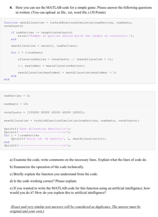Solved 4. Here you can see the MATLAB code for a simple | Chegg.com