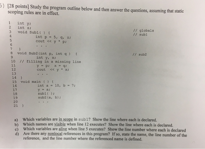 Solved 5) [28 points] Study the program outline below and | Chegg.com