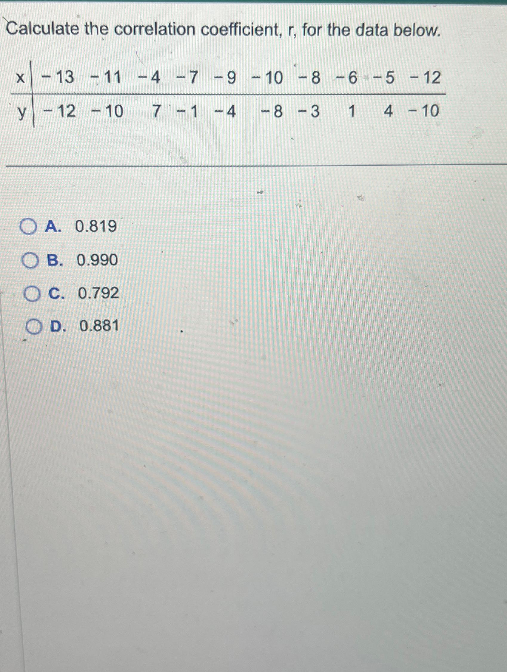 Solved Calculate the correlation coefficient, r, ﻿for the | Chegg.com