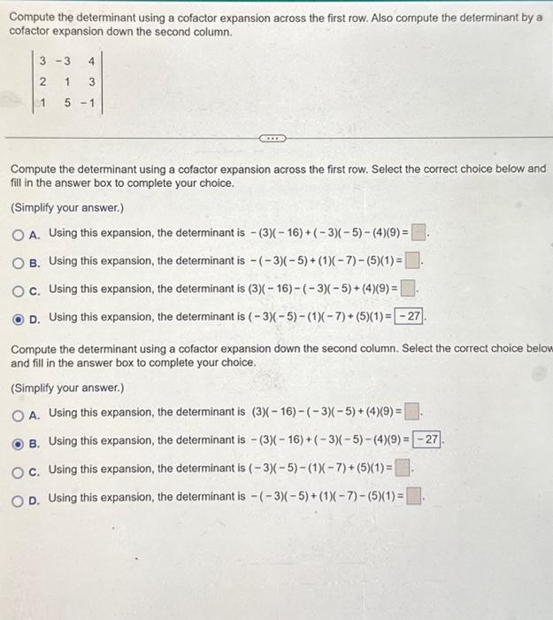 Solved Compute the determinant using a cofactor expansion | Chegg.com