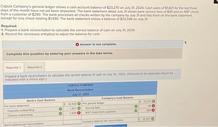 Solved Copula Company's general ledger shows a cash account | Chegg.com