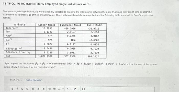 Solved TB TF Qu, 16-107 (Static) Thirty employed single | Chegg.com