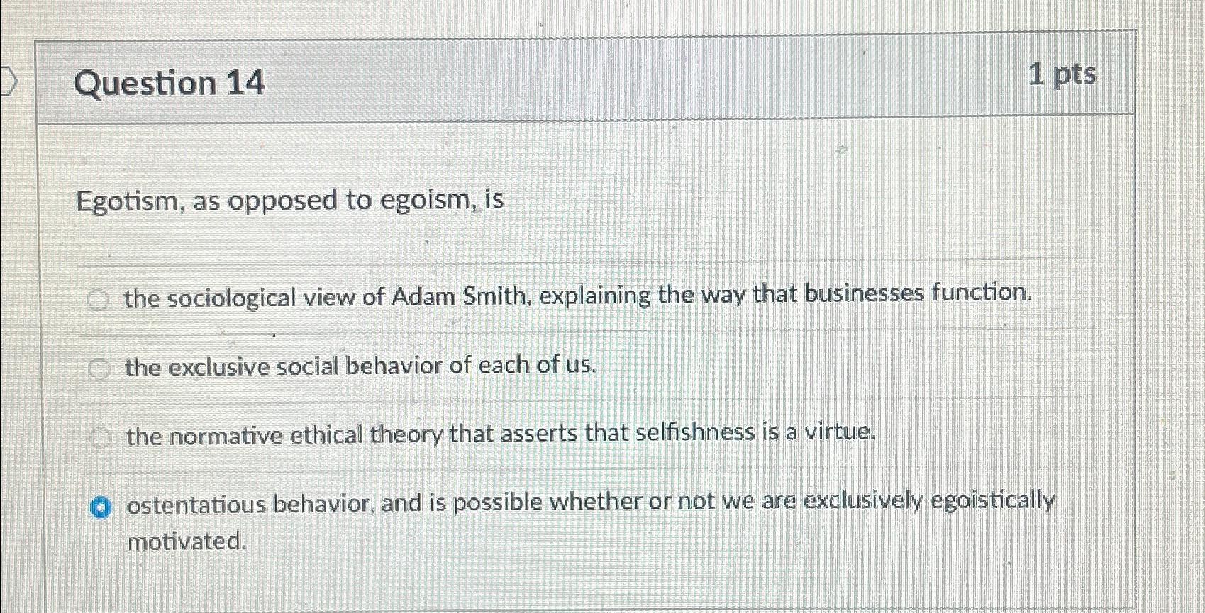 Solved Question 141 ﻿ptsEgotism, as opposed to egoism, isthe | Chegg.com