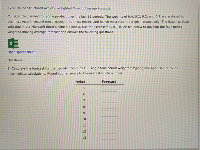 Solved Excel Online Structured Activity: Weighted Moving | Chegg.com