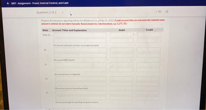 Solved + MO7. Assignment - Fraud, Internal Control and Cash | Chegg.com